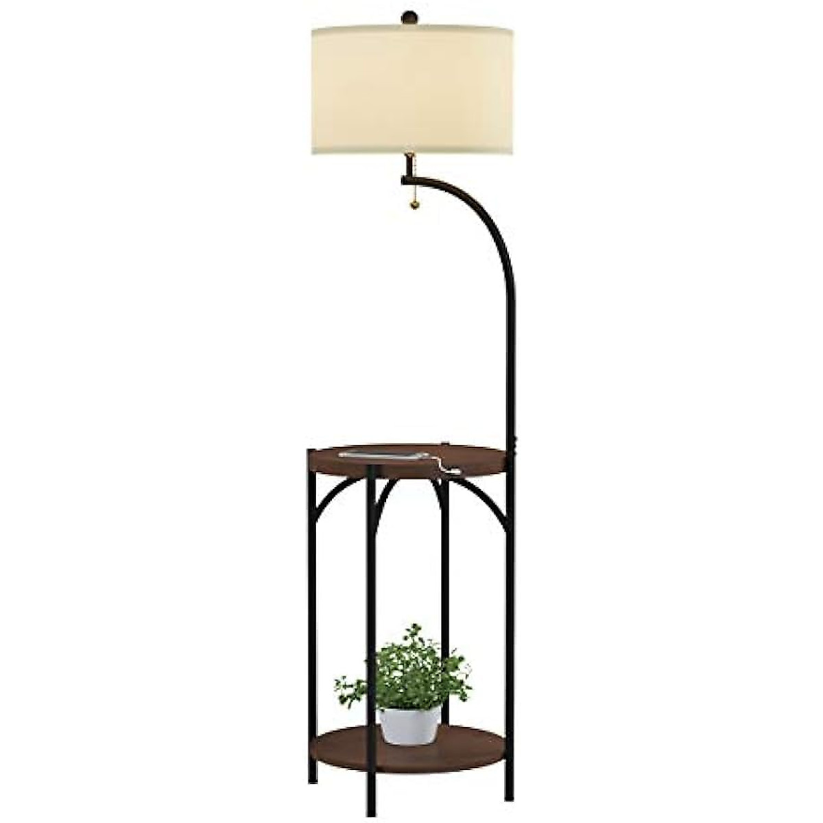MDYBF Floor Lamp with Table, Modern Rustic Side Table with USB Charging Port, LED Bulb and Drum Shade. (Dark Brown, Black and Off-White)