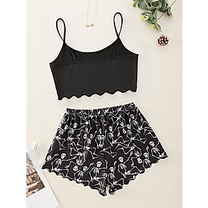 WDIRARA Women's Sleepwear Skull Print Strap Pajama Set Cami and Shorts Black Bow L