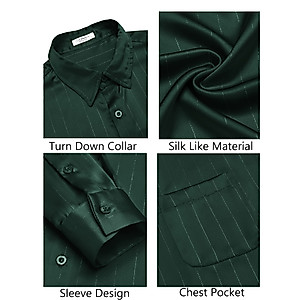 COOFANDY Men's Luxury Dress Shirts Long Sleeve Satin Silk Like Shirt Wedding Prom (Army Green, Large)