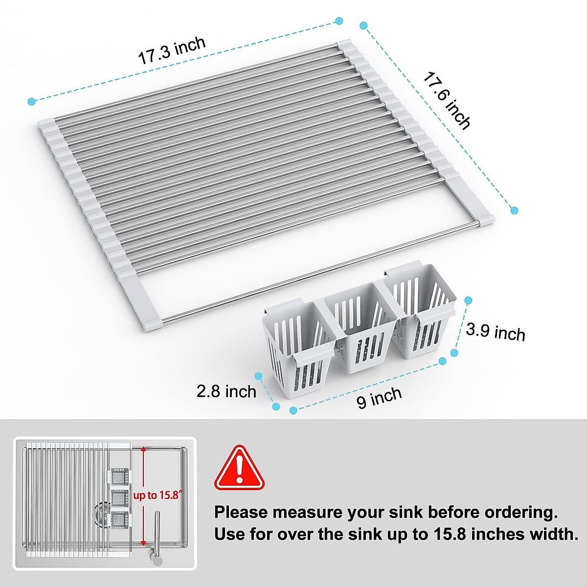 Roll Up Dish Drying Rack, Silicone Wrapped Over The Sink Multipurpose Foldable Dish Drainer Anti-Slip Dish Racks for Kitchen Counter, Sink Drying Rack Cover with Utensil Holder (Gray, 17.3" x 17.6")