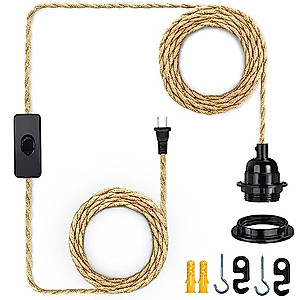 HESSION Rattan Wrapped Extension Hanging Lantern Cord, Plug-in Pendant Light with Hemp Cord - 15ft, E26/E27 Compatible Plug in Vintage Fabric Lamp Cord - Ideal for Rustic Lighting and Boho Style Decor