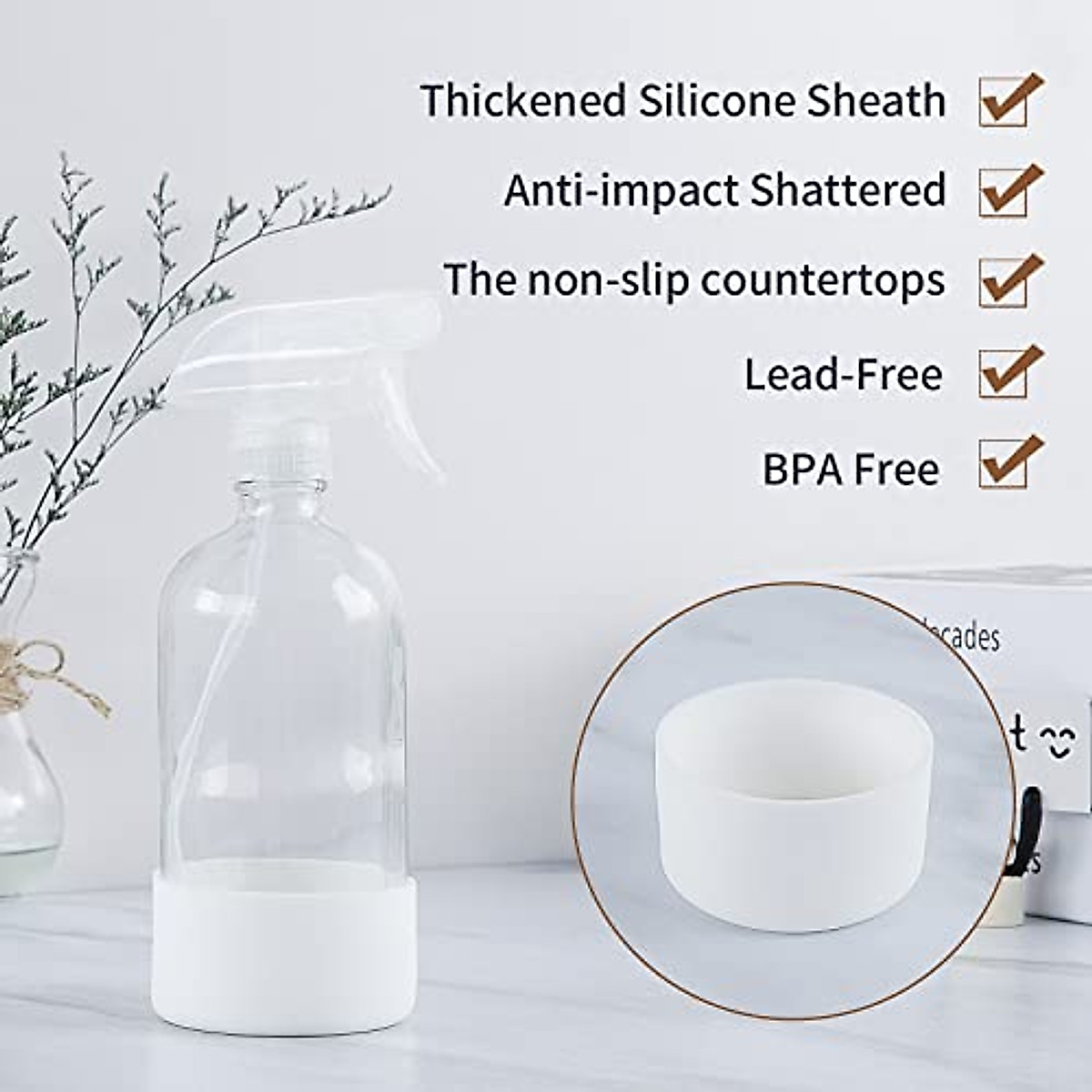 HOMBYS Empty Clear Glass Spray Bottles with Silicone Sleeve Protection - Refillable 17 oz Containers for Cleaning Solutions, Essential Oils, Misting Plants - Quality Sprayer - 2 Pack