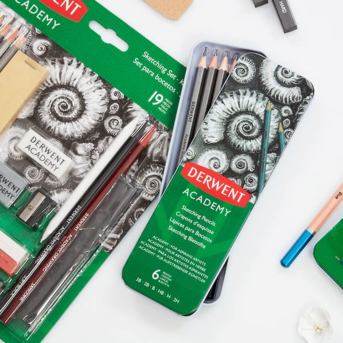 Derwent Academy Sketching Pencils, 6 Degrees of Hardness, Metal Tin, 6 Count (2301945)