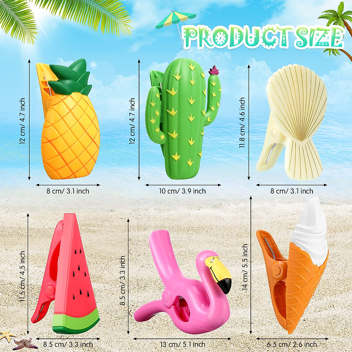 20 Pcs Beach Towel Clips Plastic Beach Chair Clips Flamingo Parrot Watermelon Pineapple Ice Cream Portable Swimming Pool Towel Holder Funny Clothespins for Christmas Party Gift Pool Blanket Decoration