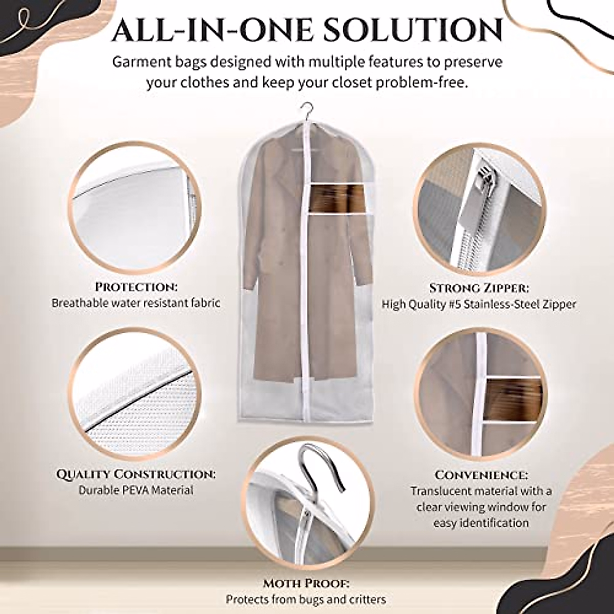 KUVR Clear Plastic Garment Bags for Hanging Clothes Dress Bag Suit Bags for Closet Storage – Zippered Clothes Cover - Hanging Garment Bags for Dance Costumes Clothing Protector – 24” X 40” 6 Pack