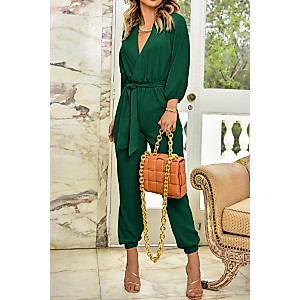 PRETTYGARDEN Women's 2024 Fall Jumpsuits Casual Dressy One Piece Outfits V Neck Long Sleeve Belt Pockets Long Pants Romper (Dark Green,Small)