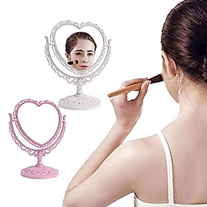 Jorzer Makeup Mirror Heart Shaped Rotatable Double Sided Desktop Cosmetic Vanity Mirror Stand Table Plastic Dresser Heart Shape Mirrors Cosmetic Tool