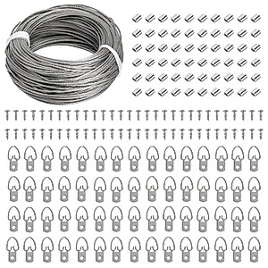Picture Hanging Kit - 100 Feet Stainless Steel Hanging Wire, 60 Pcs D Ring Picture Hangers with Screws and 60 Pcs Aluminum Crimping Loop Sleeve for Hanging Paintings Photos