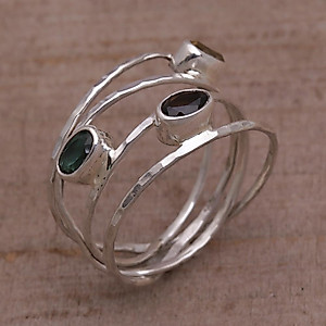 NOVICA Artisan Handmade Multigemstone Ring Green Smoky Quartz Citrine from Bali Sterling Silver Brown Multicolor Yellow Red Indonesia Birthstone [ring Front 0.5 in H x 0.8 in W x 0.2 in D Band Width ]