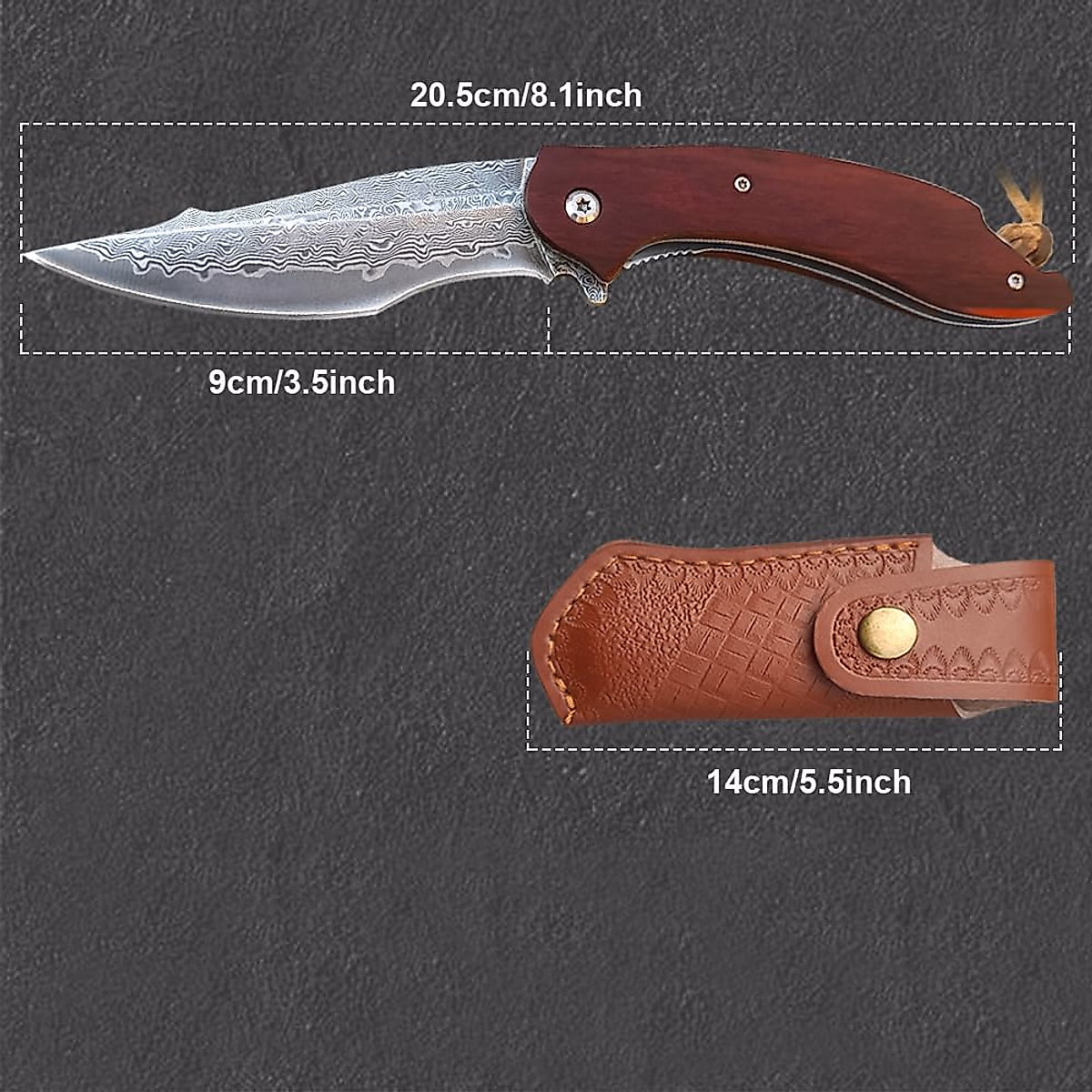BFYLIN Damascus Pocket Knife with Clip Leather Sheath Sharp VG10 Core Folding Knife, EDC with Liner Lock Wood Handle for Outdoor Survival Camping Hunting