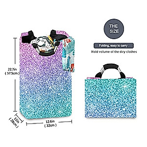 Multicolor Background Glitter Purple Blue Turquoise Gradient Laundry Hamper Basket Bucket, Foldable Dirty Clothes Bag, Waterproof Fabric Washing Bin, Toy Storage with Handles for Bathroom