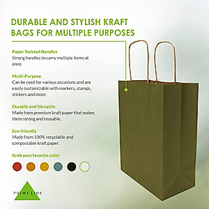 Green Gift Bags – 8x4x10 100 Pack Small Olive Kraft Shopping Bags with Handles, Customizable Craft Paper Euro Tote Bags for Boutique, Retail, Wedding Guests, Holiday, Birthday, Small Business, Bulk