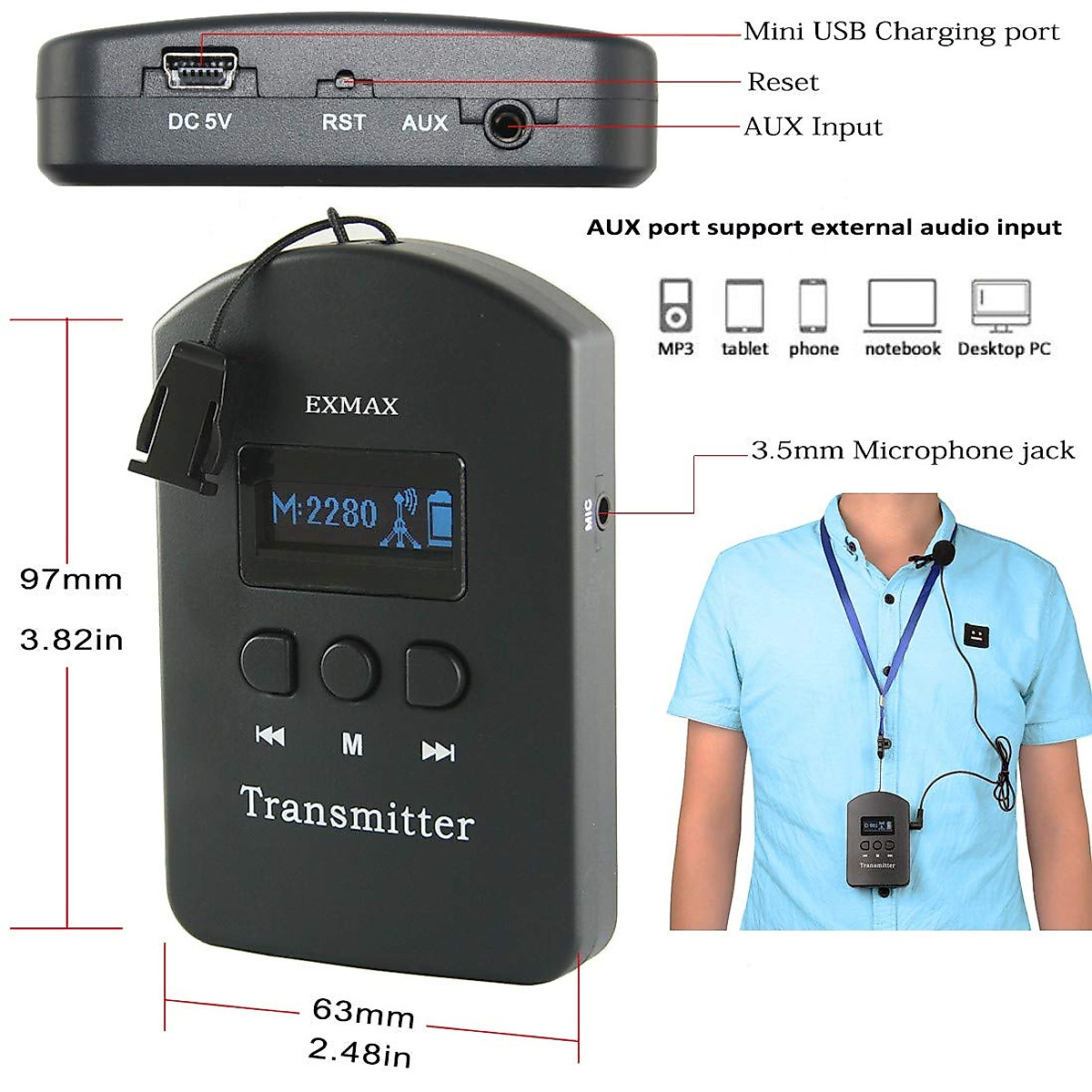 EXMAX EXD-101 2.4G Wireless Tour Guide Monitoring Voice Audio Transmission System + Aluminium Alloy Charge Case for Meeting Church Travel Simultaneous Interpretation - 2 Transmitters & 30 Receivers
