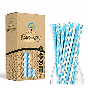 Naturalik 100-Pack Light Blue Biodegradable Paper Straws- Extra Durable- Baby Shower decorations for boy, gender reveal party supplies, birthday party straws, Blue Paper Straws