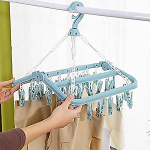 ZUKPUMNE Sock Hanger for Washing Line, Foldable Swivel Clothes Underwear Hanger with 32 Clips for Washing Line, Sock Dryer with Pegs Clothes for Sock,Underwear Hanger, Clothes Pegs, Laundry Airer