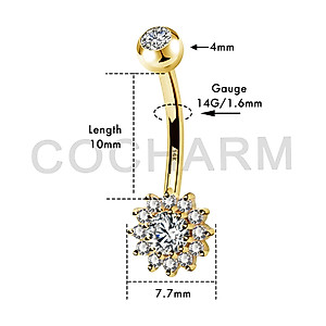 COCHARM Women 14k Solid Gold Belly Button Rings for Women Flower Real Gold Bride Belly Piercing Jewelry Gold 14K Navel Rings 14g Yellow Gold Navel Piercing Dainty 14k Gold Belly Jewelry