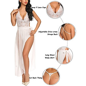 Avidlove Women Lingerie Sexy Nightgown 2 pieces Set Bridal Lingerie Lace Teddy Sheer Wrap Skirt White Medium
