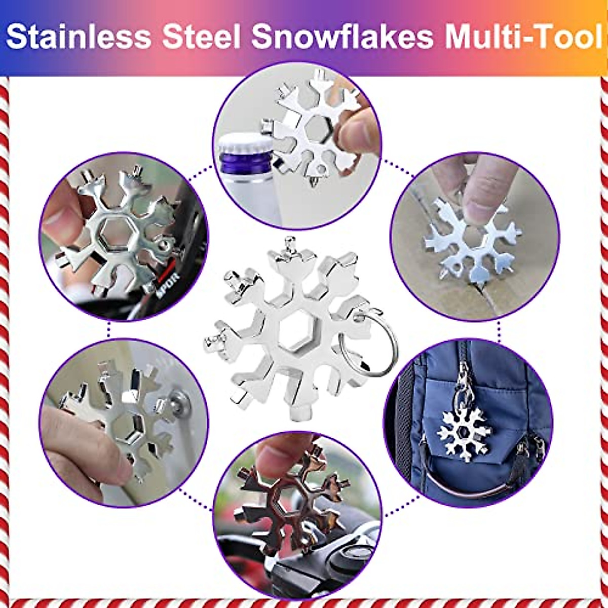 Motiloo 18 in 1 Snowflake Multitool,4 Packs Snowflake Multi Tool,Stainless Steel Snowflake Wrench/Bottle Opener with Key Ring Portable to Take for Great Men Fathers Christmas Gift
