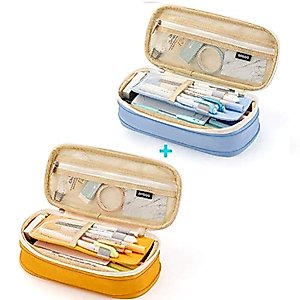 EASTHILL 2PC Big Capacity Pencil Case Pouch Large Pencil Bag for College School Teen Girls Boys Light blue + Yellow