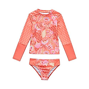 BIKINX Girls Rash Guard 7-8t 2 Piece Swimsuit Set Long Sleeve Floral Print Bikini with UPF 50+ Sun Protection Tankini Orange Flowers