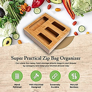 Bamboo Food Storage Bag Organizer for Kitchen Drawer Baggie Container Dispenser Food Storage Bag Holder for Sandwich - Nuts, Cookies & Snack Variety Size Bags, Compatible with Ziploc,Gallon