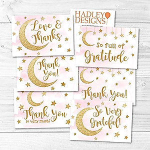 24 Pink Stars Baby Shower Thank You Cards With Envelopes, Kids Thank-You Note, 4x6 Gratitude Card Gift For Guest Pack For Party, Birthday, For Girls Children, Cute Angel Twinkle Moon Event Stationery