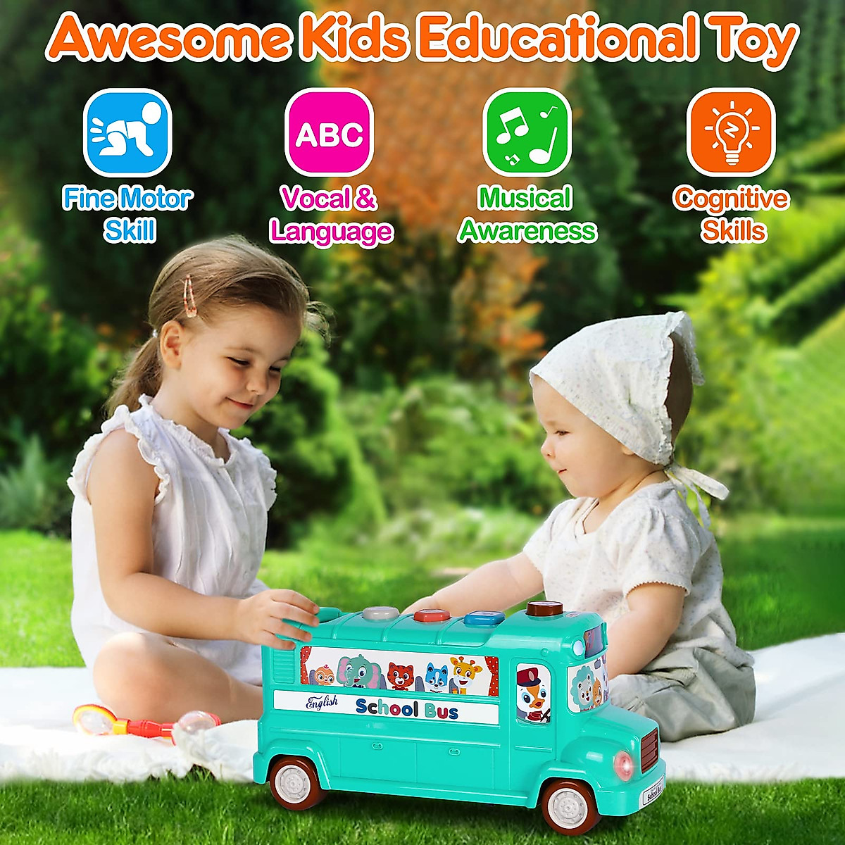 Baby Music Toy 12-18 Months Toddler School Bus Learning Toys for 1 Year Old Boys Girls Learn Alphabet, Number and Vocabulary Educational Light-Up Musical Toy Xmas Birthday Gift Toy for 1 2 3 Year Old