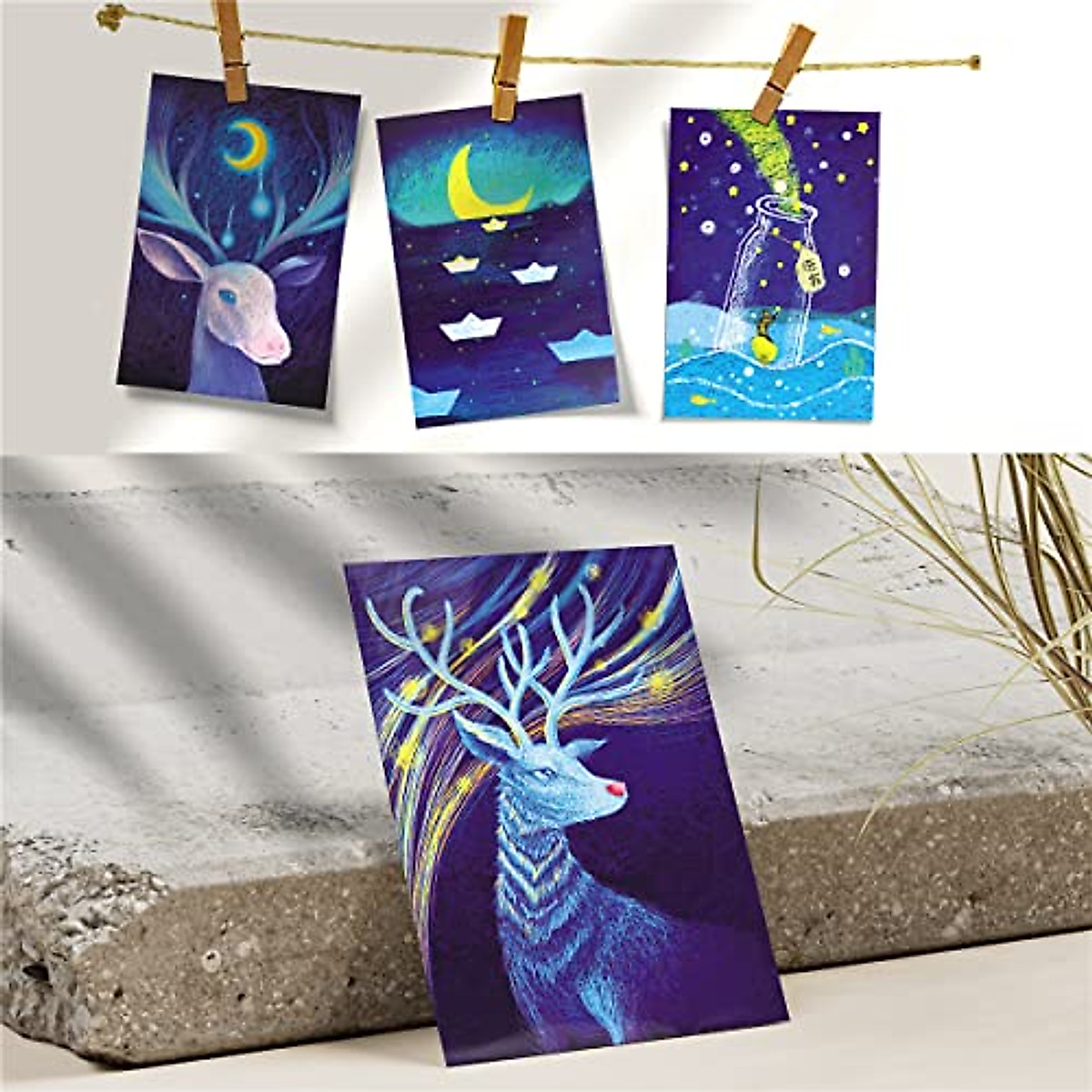 Blue Dream Quiet Room Decor Aesthetic wall collage kit Posters Elk Ocean Moon Galaxy Stars Cosmic Fantasy Elements Artwork for teen girls women bedroom home dorm abstract card Wall Art decor (50pcs 4x6inch)