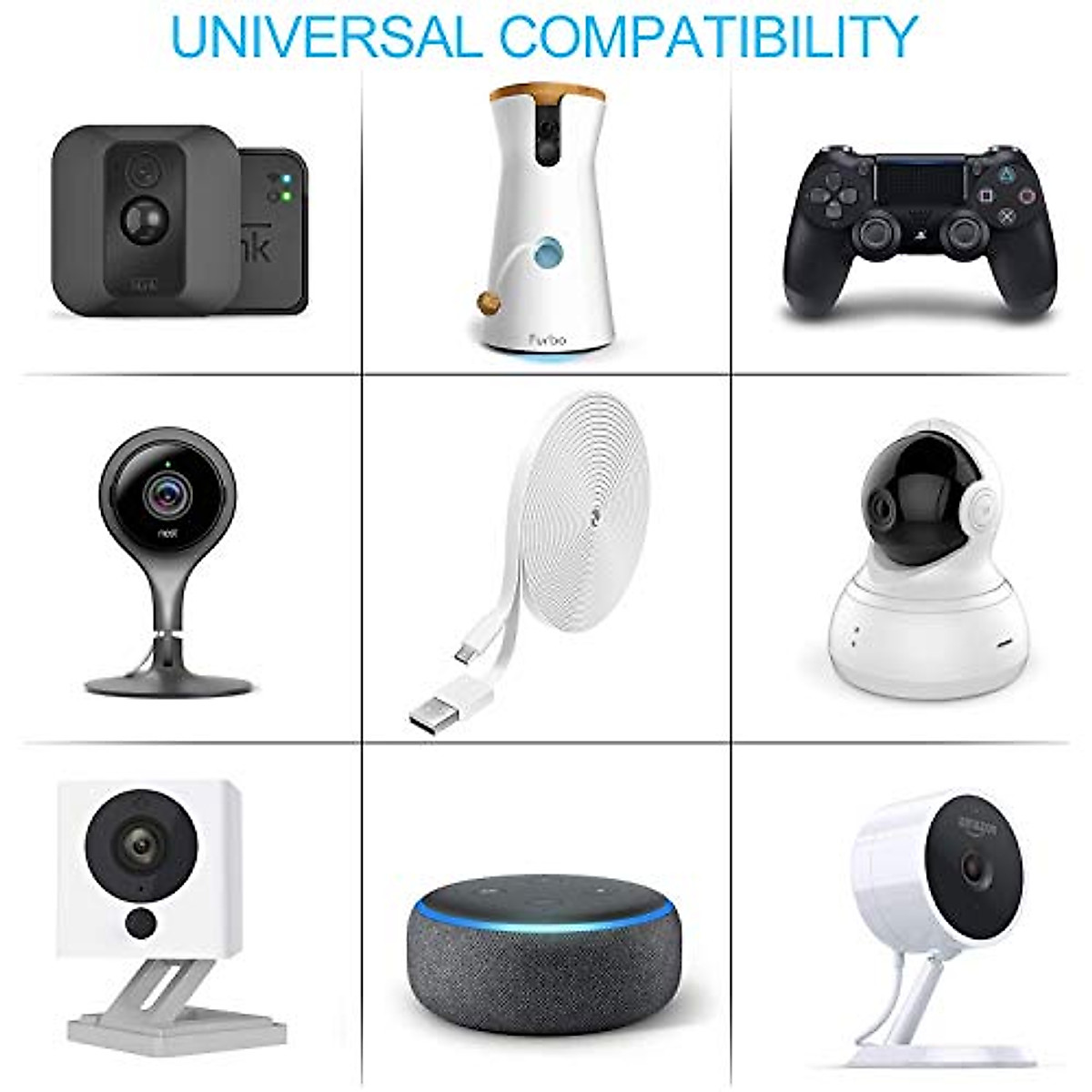 2 Pack 10FT Power Extension Cable for WyzeCam, WyzeCam Pan, KasaCam Indoor, NestCam Indoor, Blink,Cloud Cam, USB to Micro USB Durable Charging and Data Sync Cord(White)