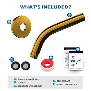 SparkPod Shower Arm With Flange - Solid Stainless Steel - Wall-Mounted For Fixed and handheld Showerheads - Shower Head Arm - Teflon Tape with 2 rubber O-rings Included - Egyptian Gold - Standard 6"