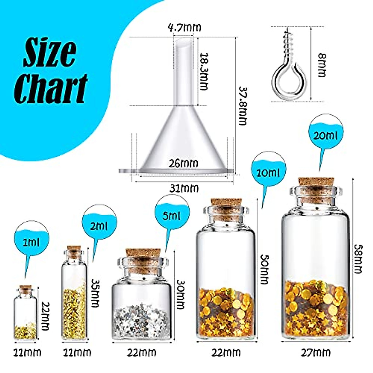 45 Pieces Mini Glass Bottles Clear Small Wishing Jars with Cork Stoppers Cork Glass Bottles with 50 Pieces Eye Screws and 3 Pieces Funnels for DIY Art Crafts Party Home Decoration, 5 Sizes