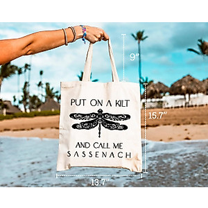GXVUIS Dragonfly Canvas Tote Bag for Women Put on a Kilt and Call Me Sassenach Reusable Grocery Shopping Bag Outlander Gift White