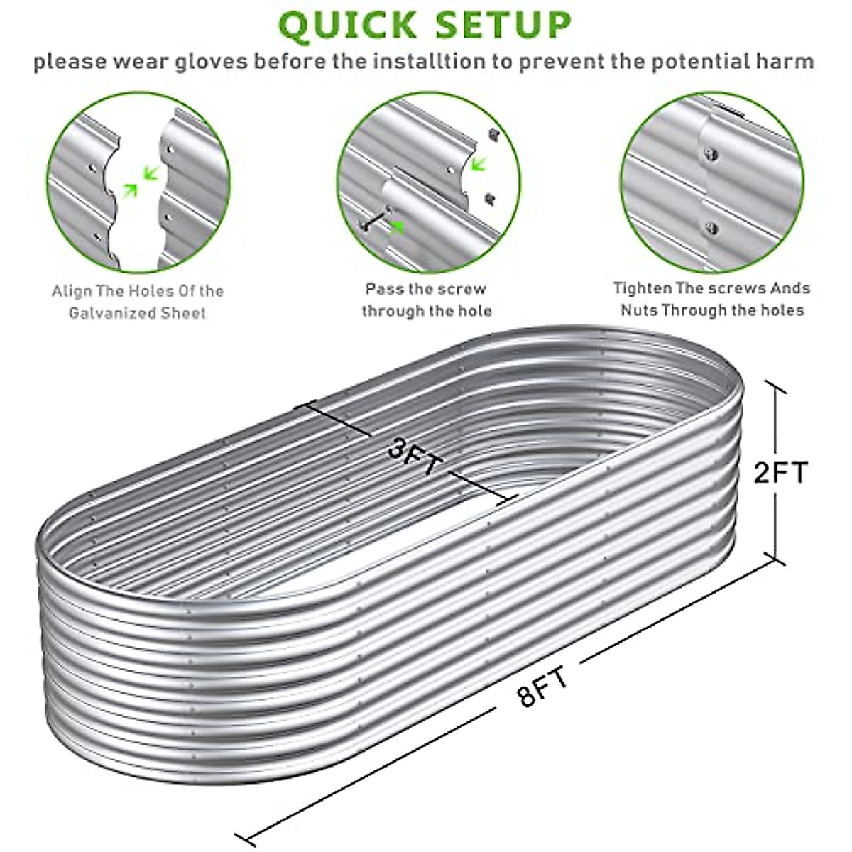 FRIZIONE 8x3x2FT Galvanized Metal Raised Garden Bed for Vegetables, Outdoor Garden Raised Planter Box, Backyard Patio Planter Raised Beds for Flowers, Herbs, Fruits