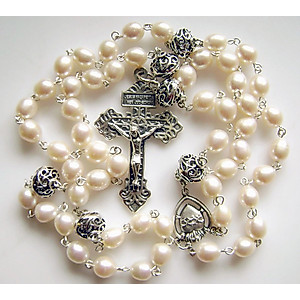 elegantmedical Bali 925 Sterling Silver 8-9mm Real Pearl Beads Catholic Rosary NECKLACE Cross