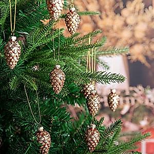 Watayo 12 Pcs Christmas Pinecone Glass Ornaments- Fall Hanging Pine Cone Painted Glass Ornaments- Glitter Pinecone Christmas Ornament for Xmas Tree DIY Crafts Fall Thanksgiving Day Decoration