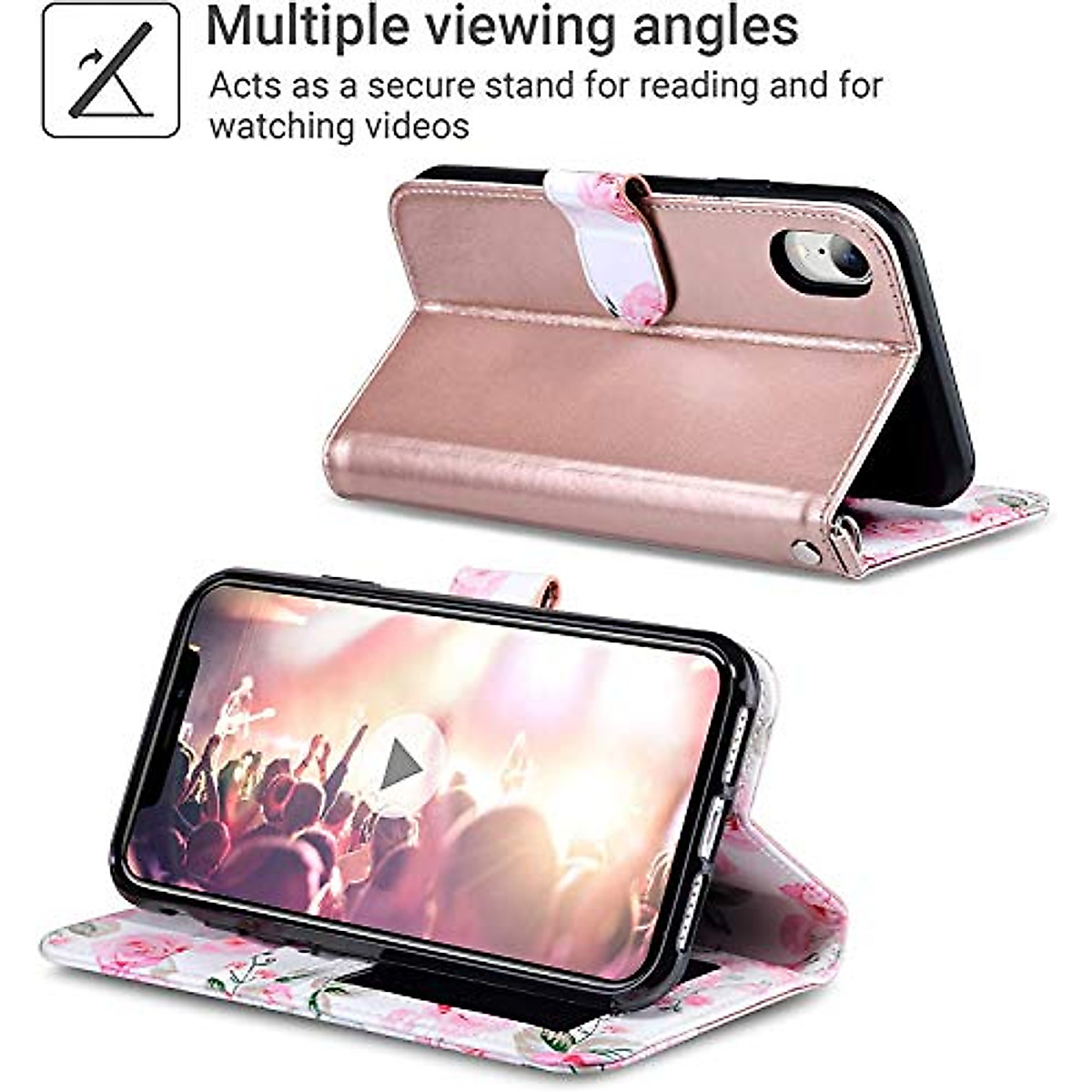 ULAK Compatible with iPhone XR Wallet Case for Women, Premium PU Leather Folio Flip Case with Card Holders Kickstand Wrist Strap, Shockproof Protective Phone Cover for iPhone XR 6.1 inch, Rose Gold