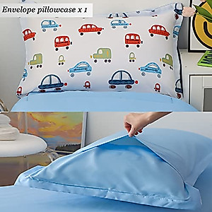 KINBEDY 4 Pieces White Toddler Bedding Sets for Boys Cars Blue Bed Sheets Set Cartoon Comforter Set for Baby Kids | Include Comforter, Flat Sheet, Fitted Sheet, Pillowcase