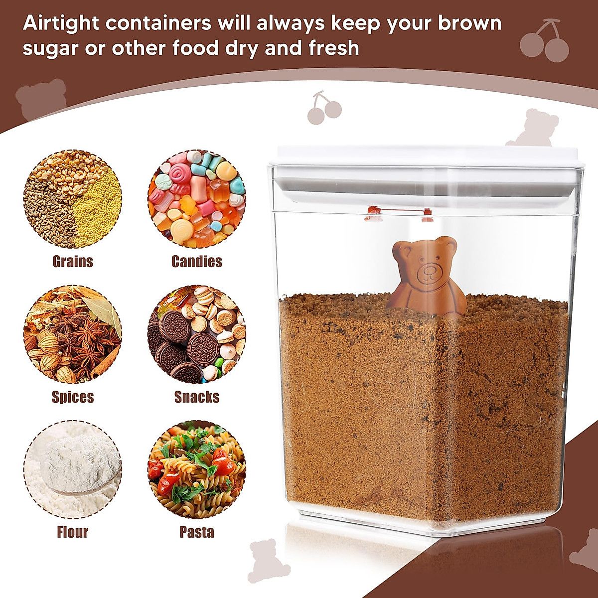 SUMMORO Brown Sugar Keeper, Brown Sugar Container 2.4Qt/2300ml with 6 PCS Brown Sugar Keeper Saver, Pop Airtight Food Storage Containers Brown Sugar Bear Softener for Moisture, Food Safe and Reusable