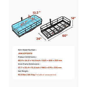 VEVOR 60x24x14 in Hitch Cargo Carrier, 400lbs Capacity Folding Trailer Hitch Mount Cargo Basket, Steel Luggage Carrier Rack Fits 2" Hitch Receiver for SUV Pickup Truck