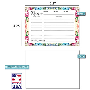 Pioneer Woman Style Floral Recipe Cards (100 Pcs) Flower Recipe Cards, Floral Index Cards, Blank Back Recipe Notecards, Perfect for Bridal Shower (100, 4.25" x 5.5")