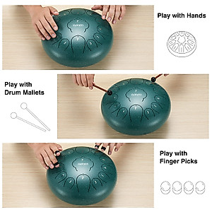 LEKATO Steel Tongue Drum 13 Notes 12 Inches, Rain Chime Drum Beginner C Key Handpan Drum for Meditation Yoga Musical Education, Best Gift for Adult& Kids, Malachite Green
