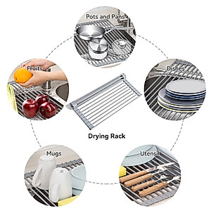 Tiilan Roll Up Dish Drying Rack Over The Sink, Dish Drainer, Heat Resistant Trivet Mat for Kitchen - Full Silicone Coating - Warm Gray, 20.5" x 13"