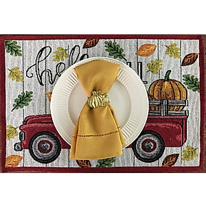 Fall Farmhouse Red Truck and Pumpkins Placemats, Hello Fall Set of Six (6) Colorful Tapestry Weave Fabric, for Holiday's, Thanksgiving, Autumn and Fall