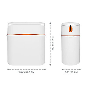 Modern Trash Can with Lid - Oval Slim Bathroom Trash Can w/ Automatic Push Open Cover - Touchless Waste Basket w/ Drawstring Plastic Trash Bag - 13.6x5.9x13.4in White Trash Can - Waterproof Trash Bin