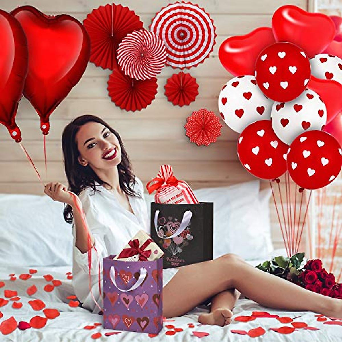 24 Pieces Valentines Paper Bags Kraft Party Hearts Bags with White Ribbon for Valentines Day Galentines Day Anniversary, 7.9 x 6.3 x 2.4 Inch/ 20 x 16 x 10 cm,8 Styles