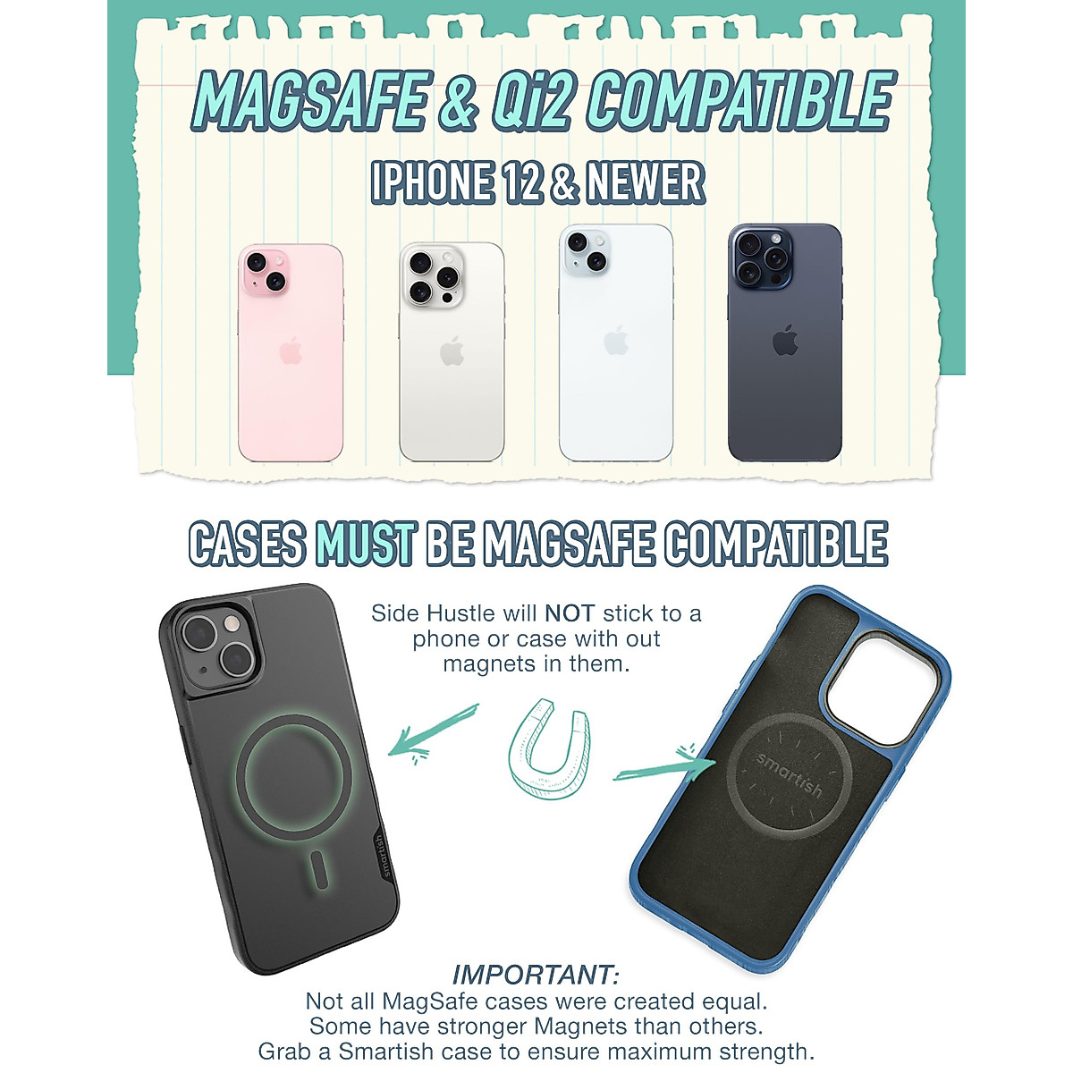 Smartish MagSafe Wallet - Side Hustle - Vegan Leather Slim Detachable Magnetic Card Holder Qi2 Certified iPhone MagSafe Wallet for Apple iPhone 15/14/13/12 Models - Black Tie Affair