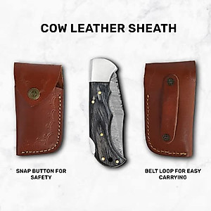 KIMPE 6.5" Damascus Pocket Knife with Holster-Folding Knife-EDC Knife-Best Camping Knife & Survival Knife-Pocket Knives for men & Self Defense Knife for Women (Pakka Grey Wood)