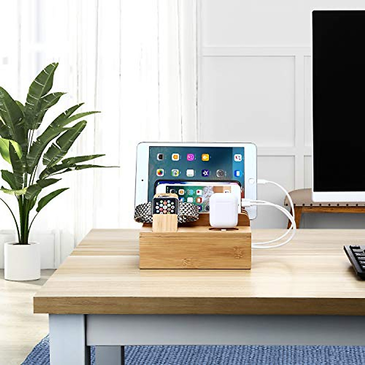 Bamboo Charging Station for Multi Device with 5 USB A Charger Port Sendowtek 6 in 1 Charging Stand for Phone Tablet Smart Watch Holder Earbud Dock Charger Organizer with Power Supply(no watch charger)
