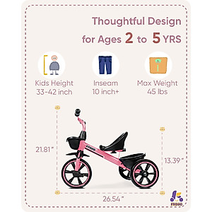 KRIDDO Tricycle for 2-5 Year Olds - Pink Toddler Trike With Gift for 24 Month to 4 Year Old Girls