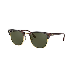 Ray-Ban RB3016F Clubmaster Low Bridge Fit Square Sunglasses, Mock Tortoise On Gold/G-15 Green, 55 mm